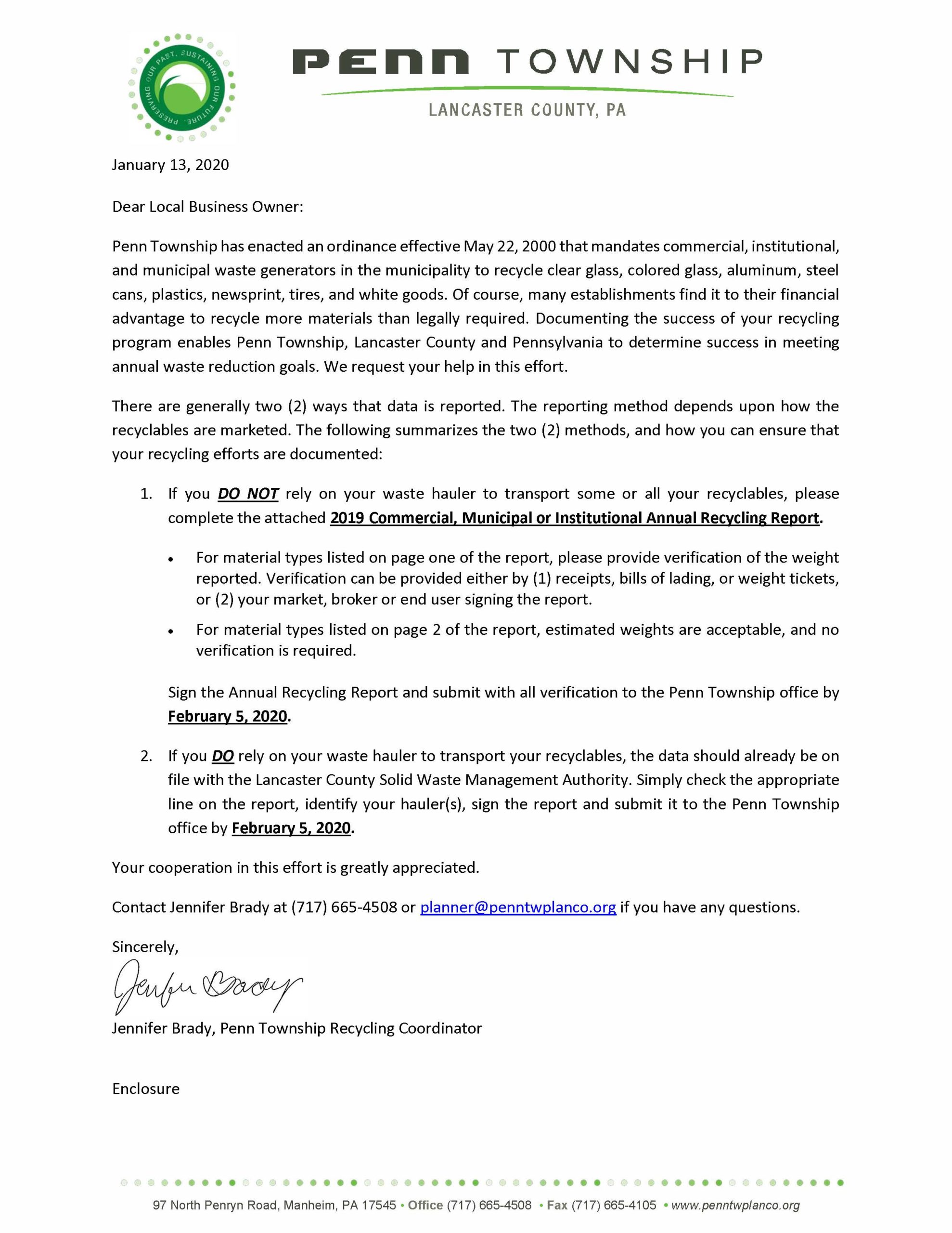 Annual Recycling Report_letter – Penn Township, Lancaster County, PA